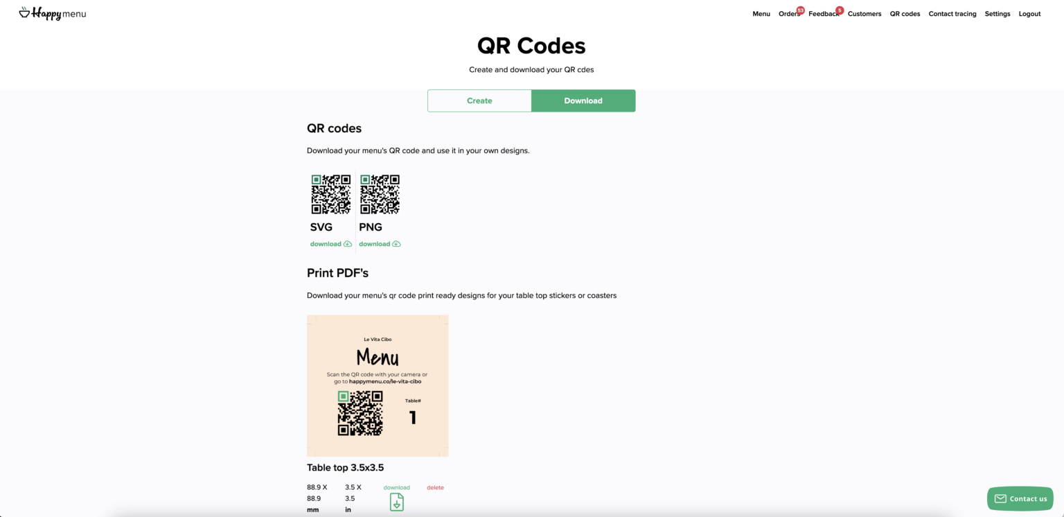 Create and download QR code files – QR code menu documentation